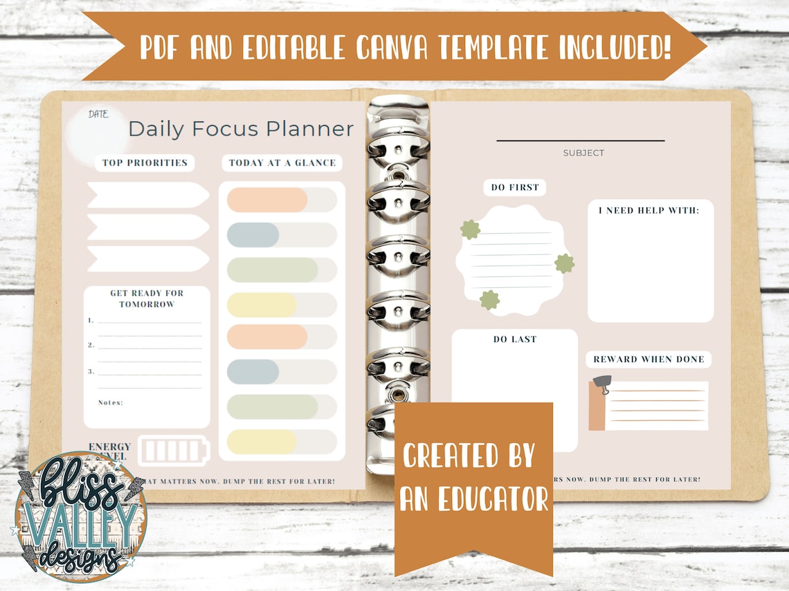Editable Printable ADHD Daily Focus Planner for Adults, Children, and ...