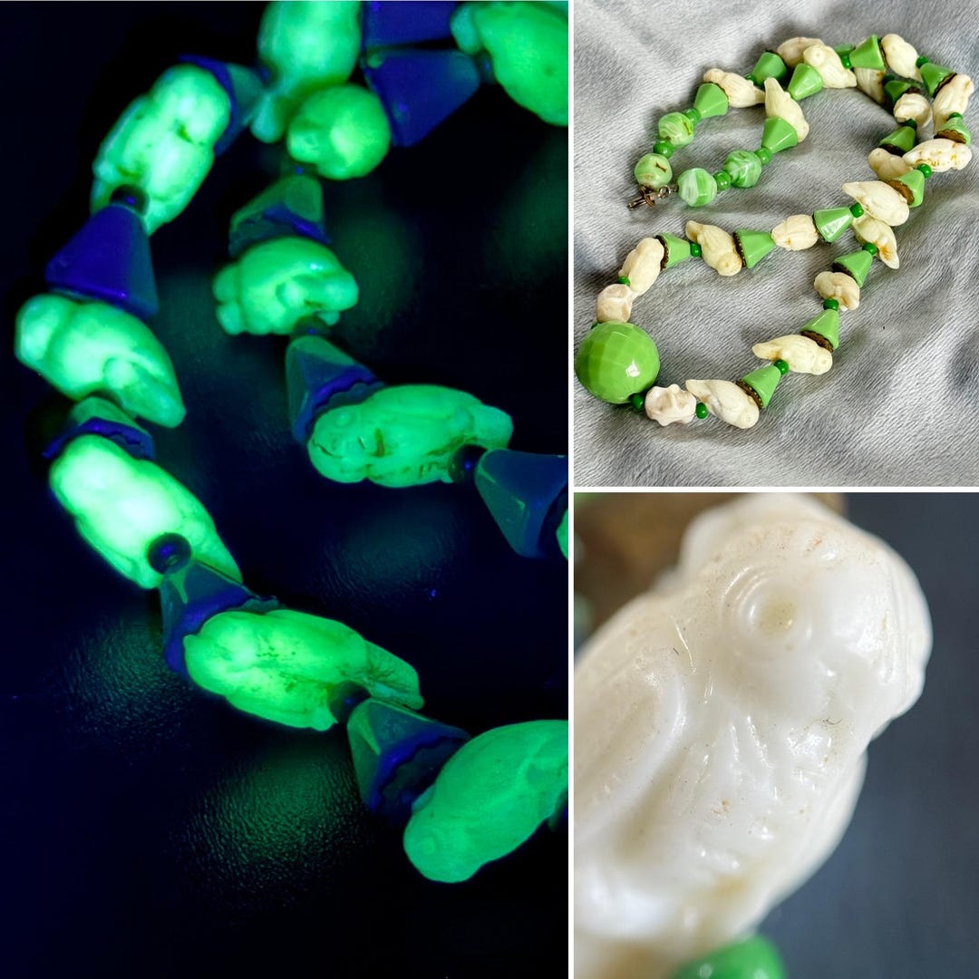 Czech Uranium Custard Glass Bird Beads And Brass Spacer Necklace Vintage Neiger Brothers Interest