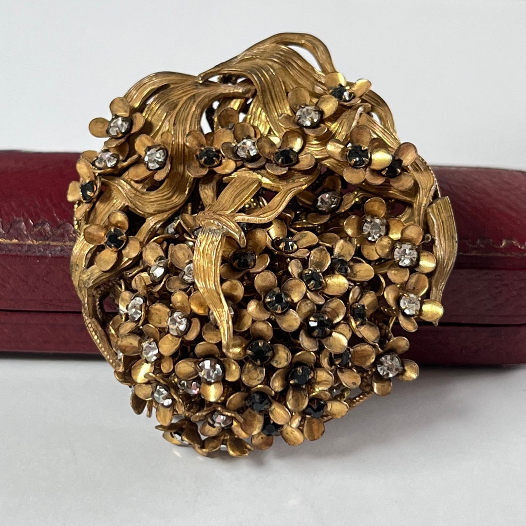 Amourelle Frank Hess for Kramer Brooch Floral Black Clear Prong Set ...