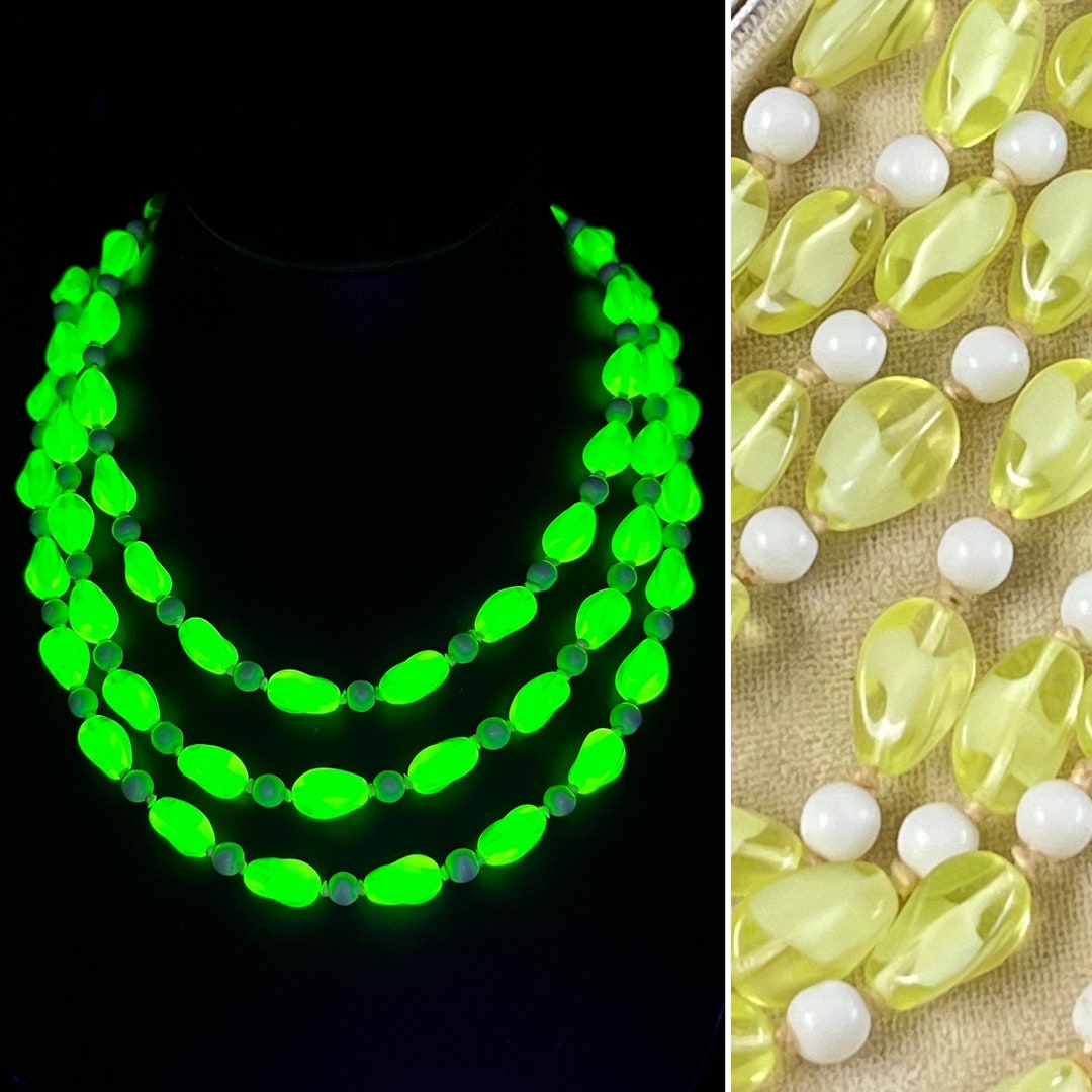 Givre Uranium Glass Bead Necklace, Long Flapper Length Beads, UV ...