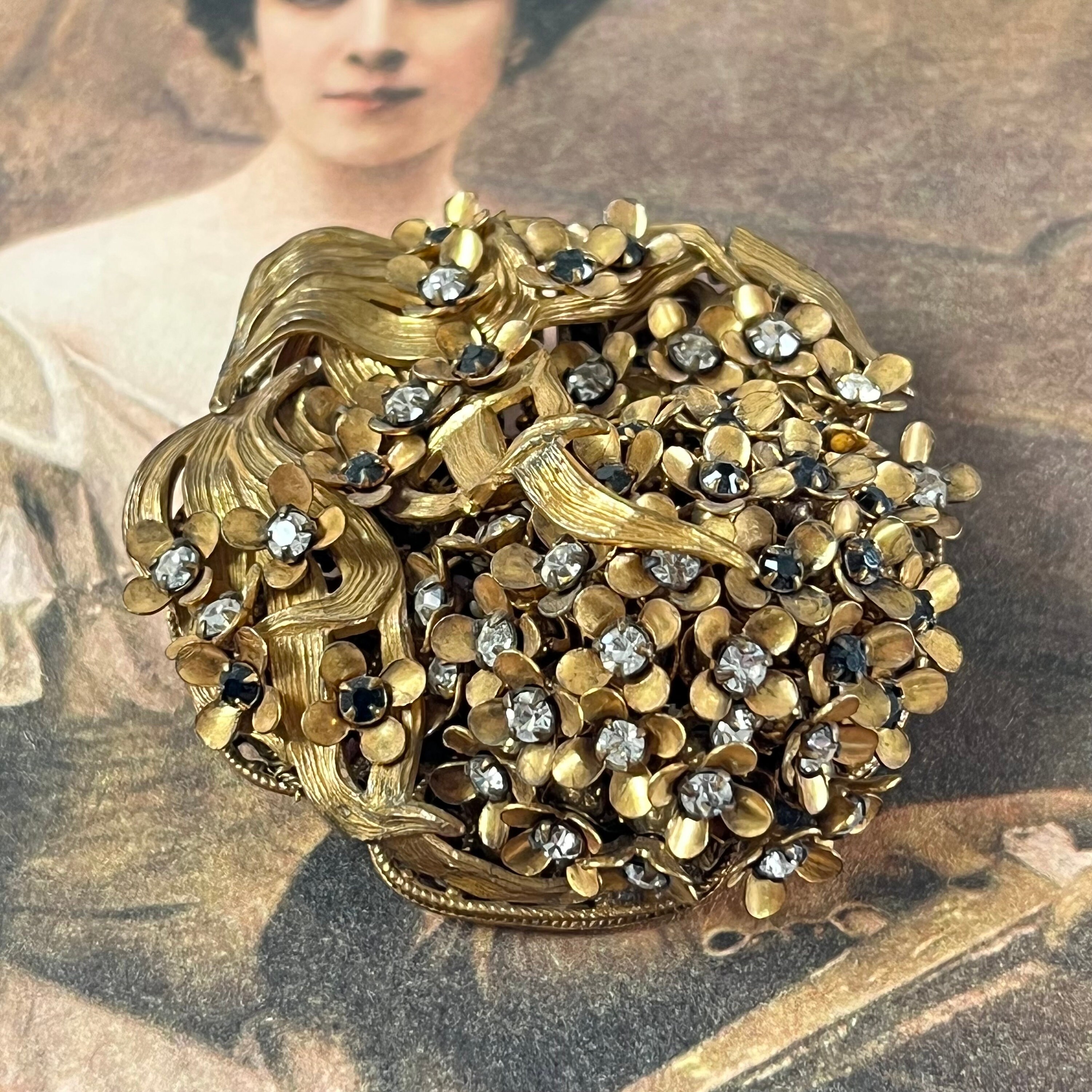 Amourelle Frank Hess for Kramer Brooch Floral Black Clear Prong Set ...