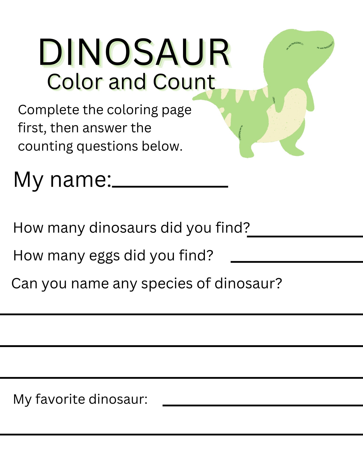 Dinosaur Color and Count, Printable Art and Math Exercise - Etsy