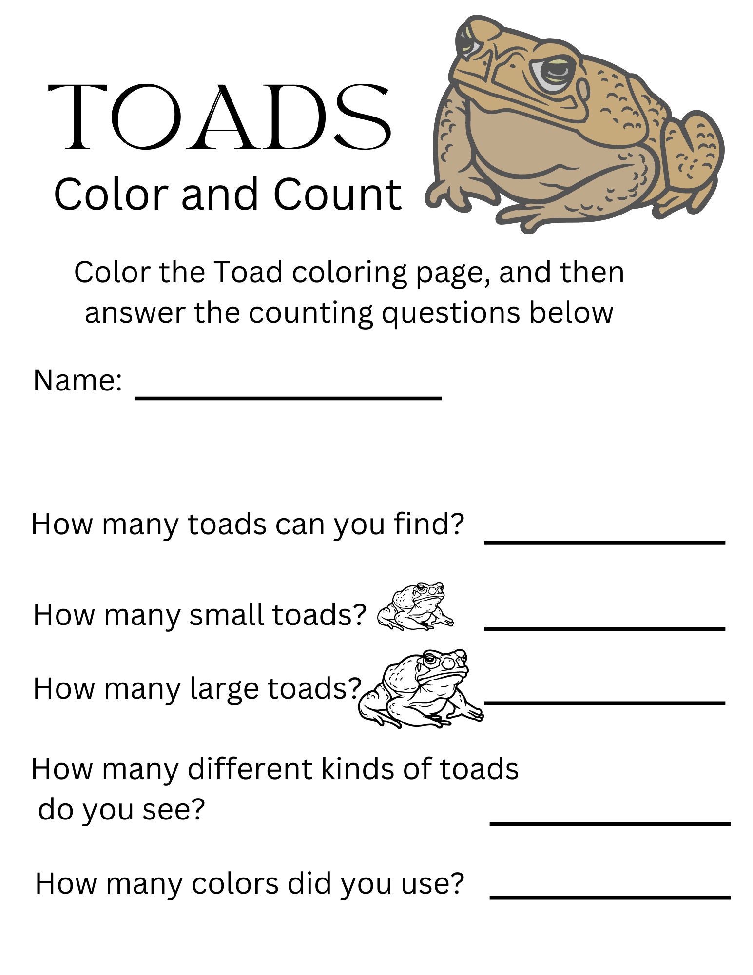 Toad Color and Count Printable Worksheet, Instant Download, Math and ...