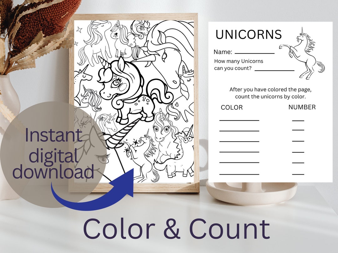 Unicorn Color and Count, Printable Art and Math Exercise Page - Etsy