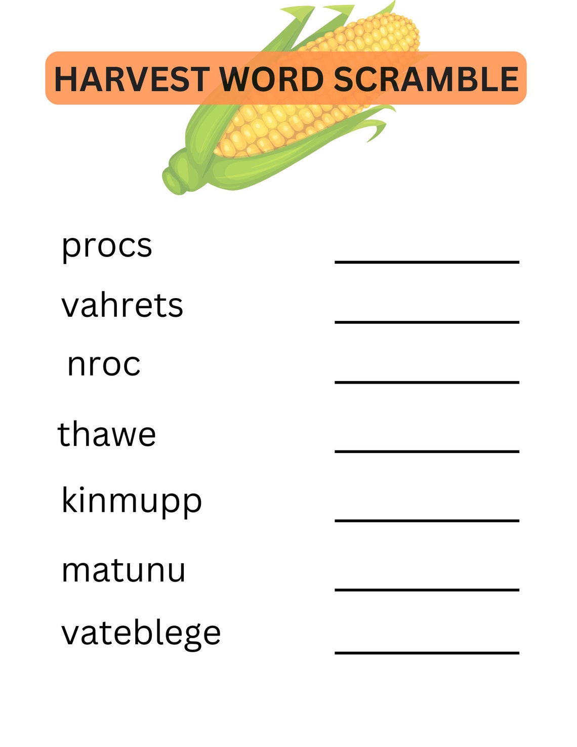 Harvest Count and Word Scramble Printable School Worksheets - Etsy