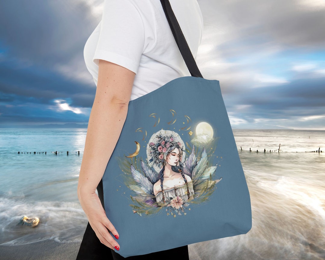 Boho Celestial Moon Goddess Graphic Muted Blue Tote Bag, Vintage Witchy ...
