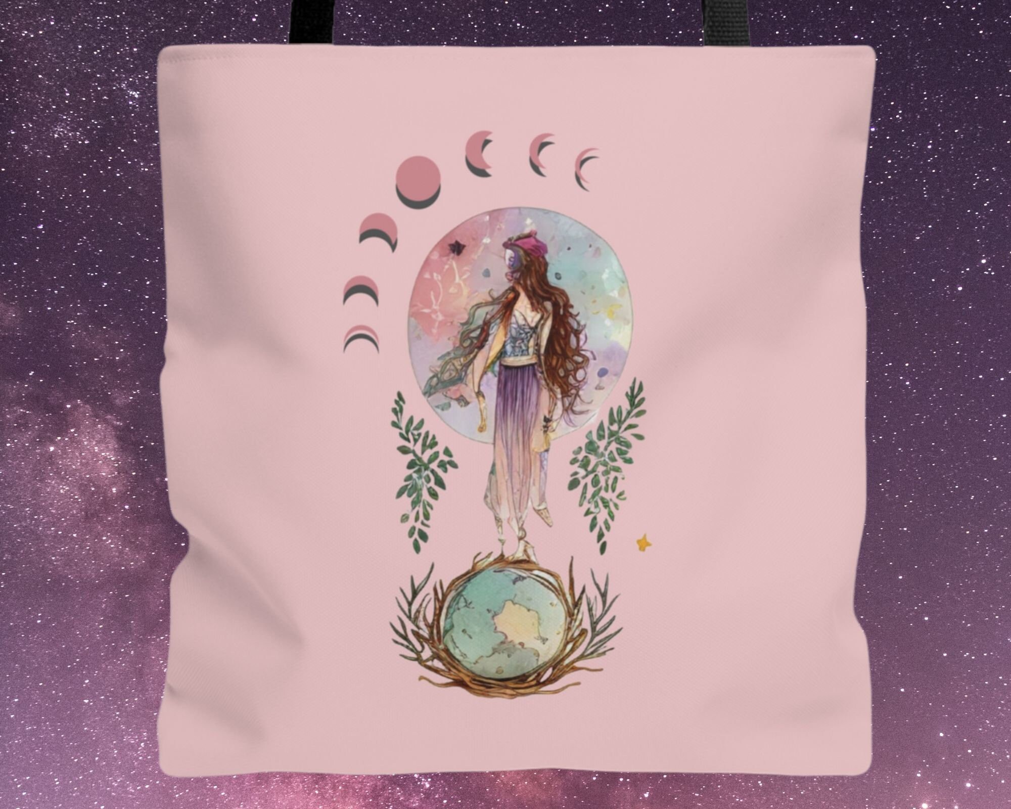 Celestial Pastel Watercolor Mother Earth Tote Bag, Moon Phases Boho ...