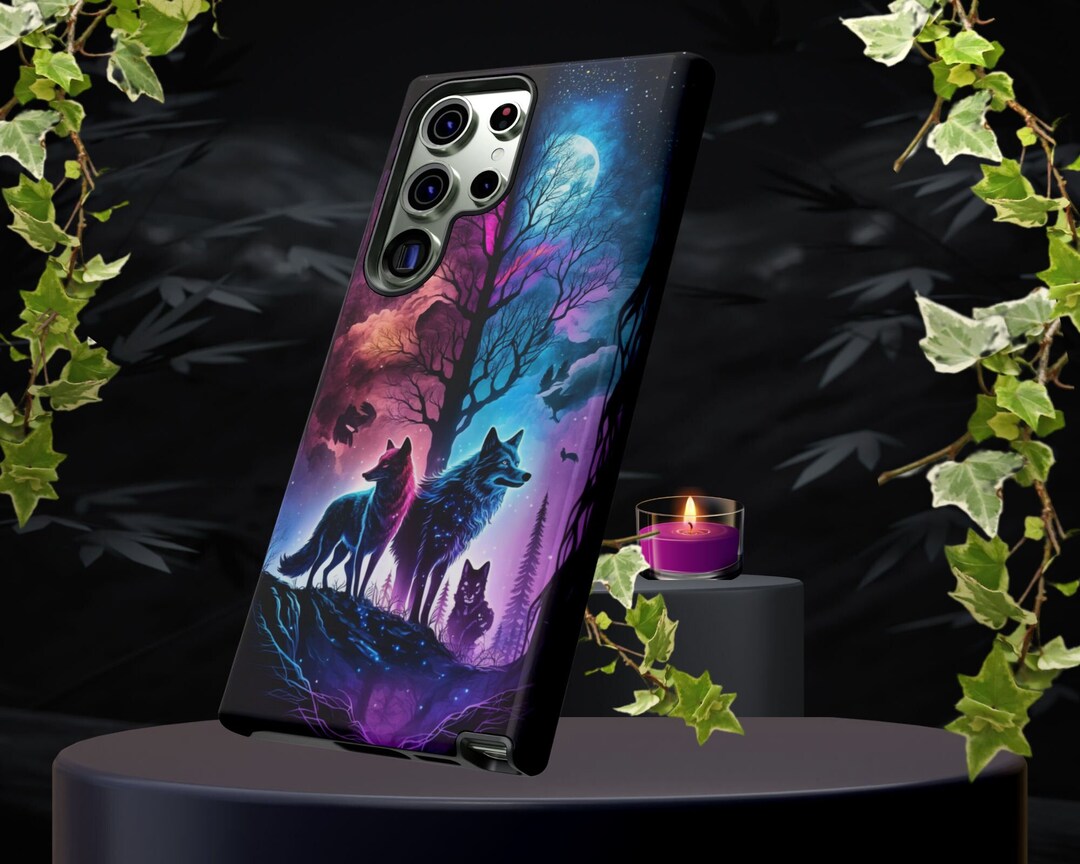 Ethereal Twin Wolves Samsung Galaxy Phone Case, Moonlit Forest, Celestial Wolf Pack, S23, S23 ...