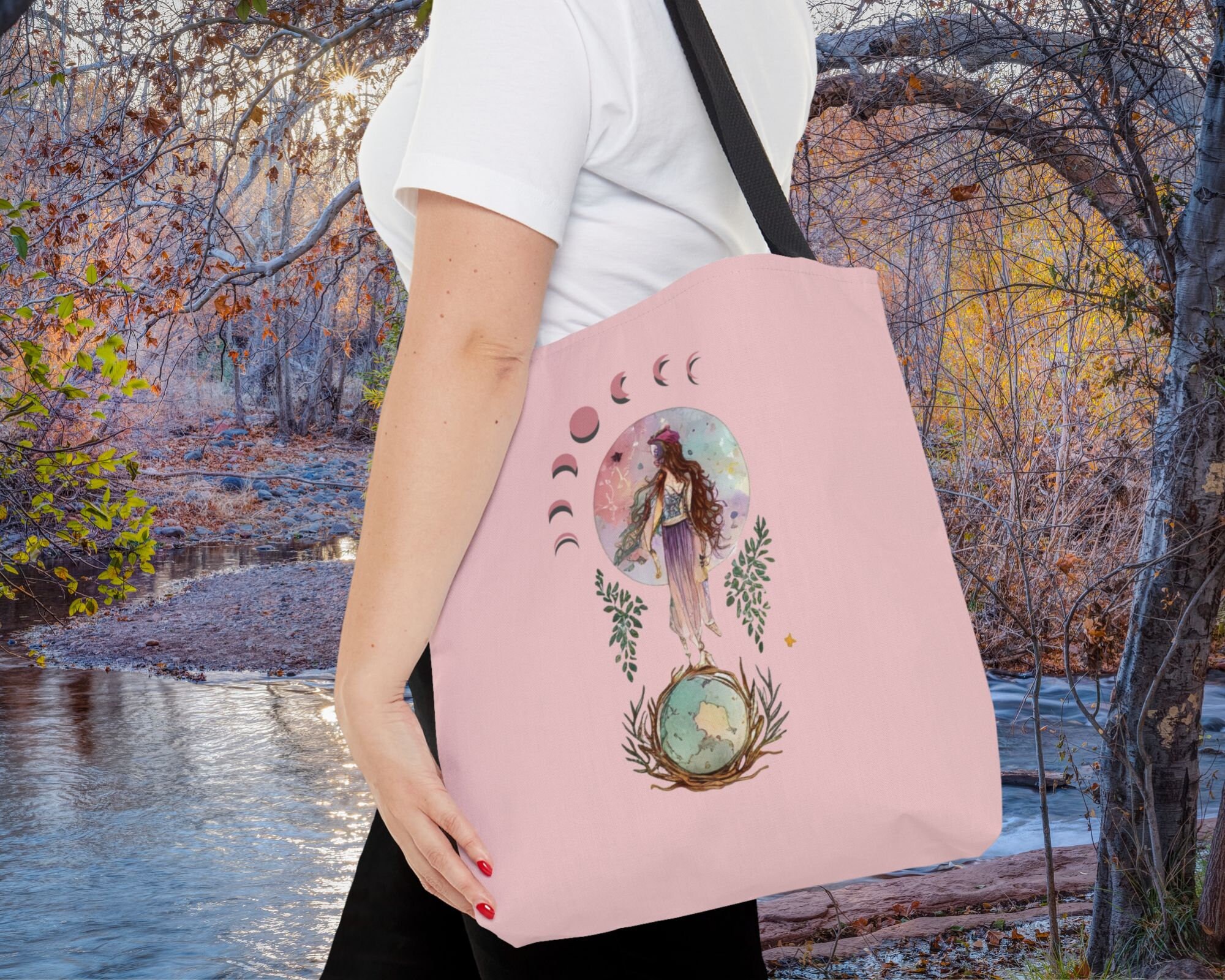 Celestial Pastel Watercolor Mother Earth Tote Bag, Moon Phases Boho ...