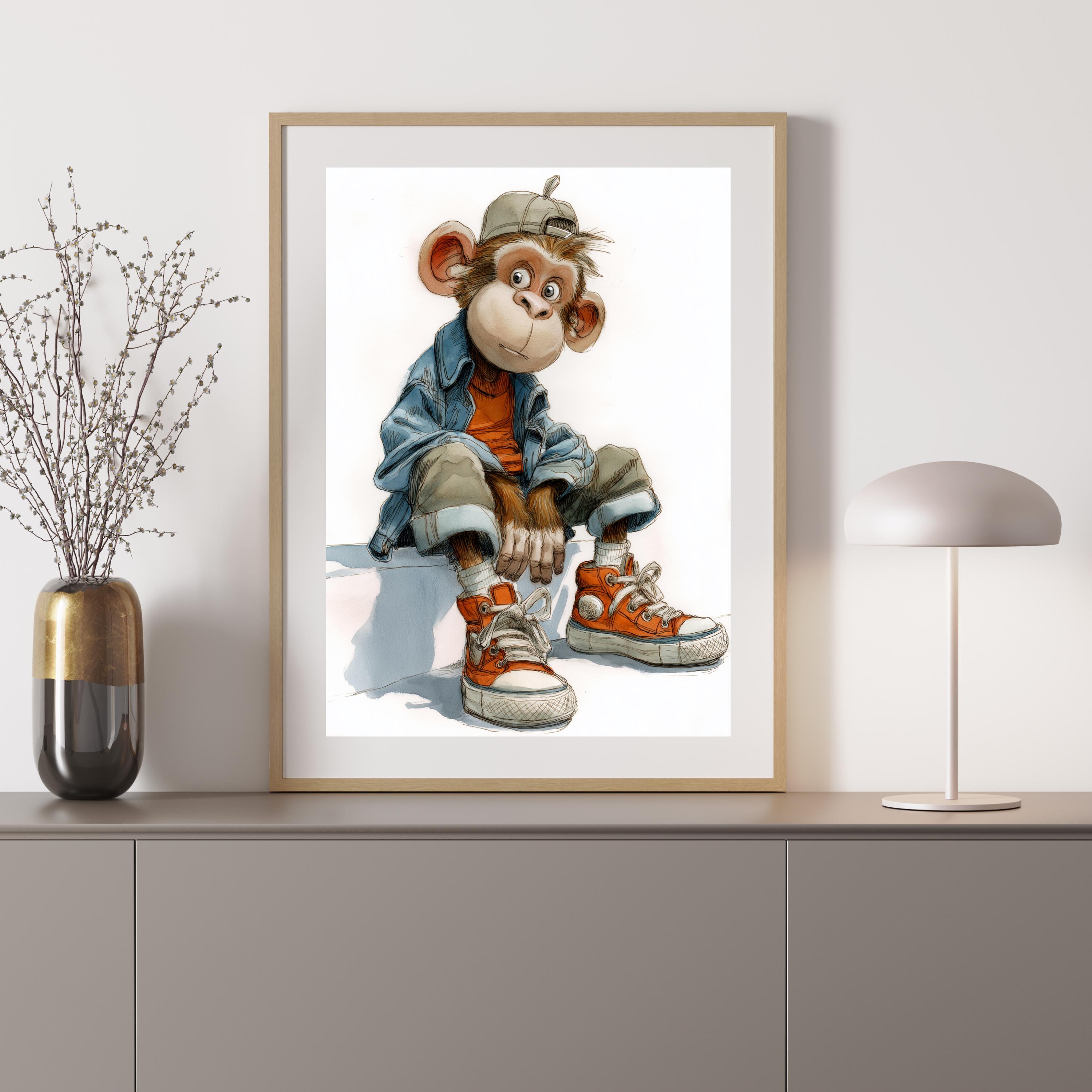 Cartoon Monkey Printable Poster, Quirky Animal Wall Art for Kids ...