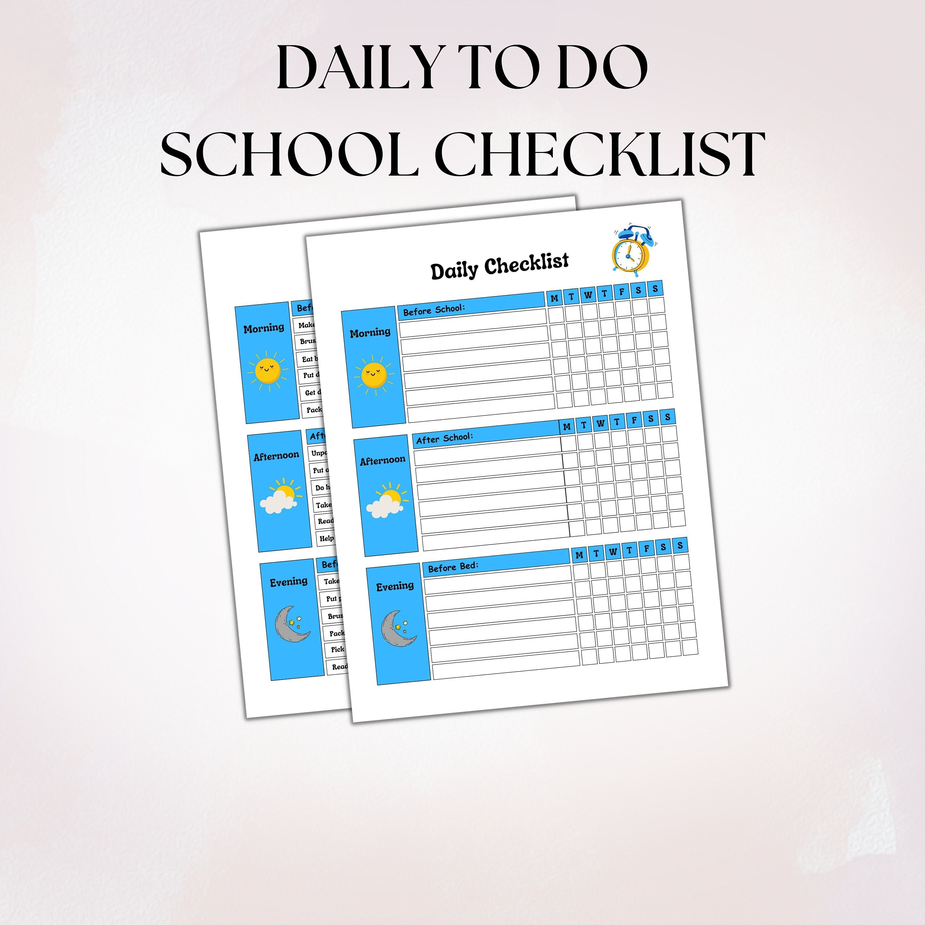 Back to School Daily Checklist Printable, Daily to Do Checklist for ...