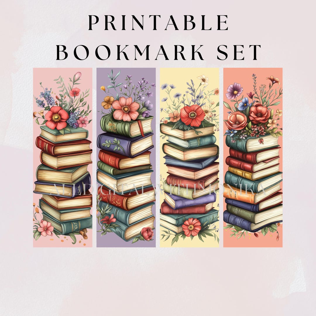 Floral Stacked Books Printable Bookmarks, Book Lover Vintage Style ...