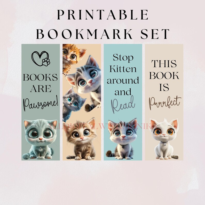 Cute Kittens Bookmark Printable, Cat Lover Gift Digital Download, Book ...