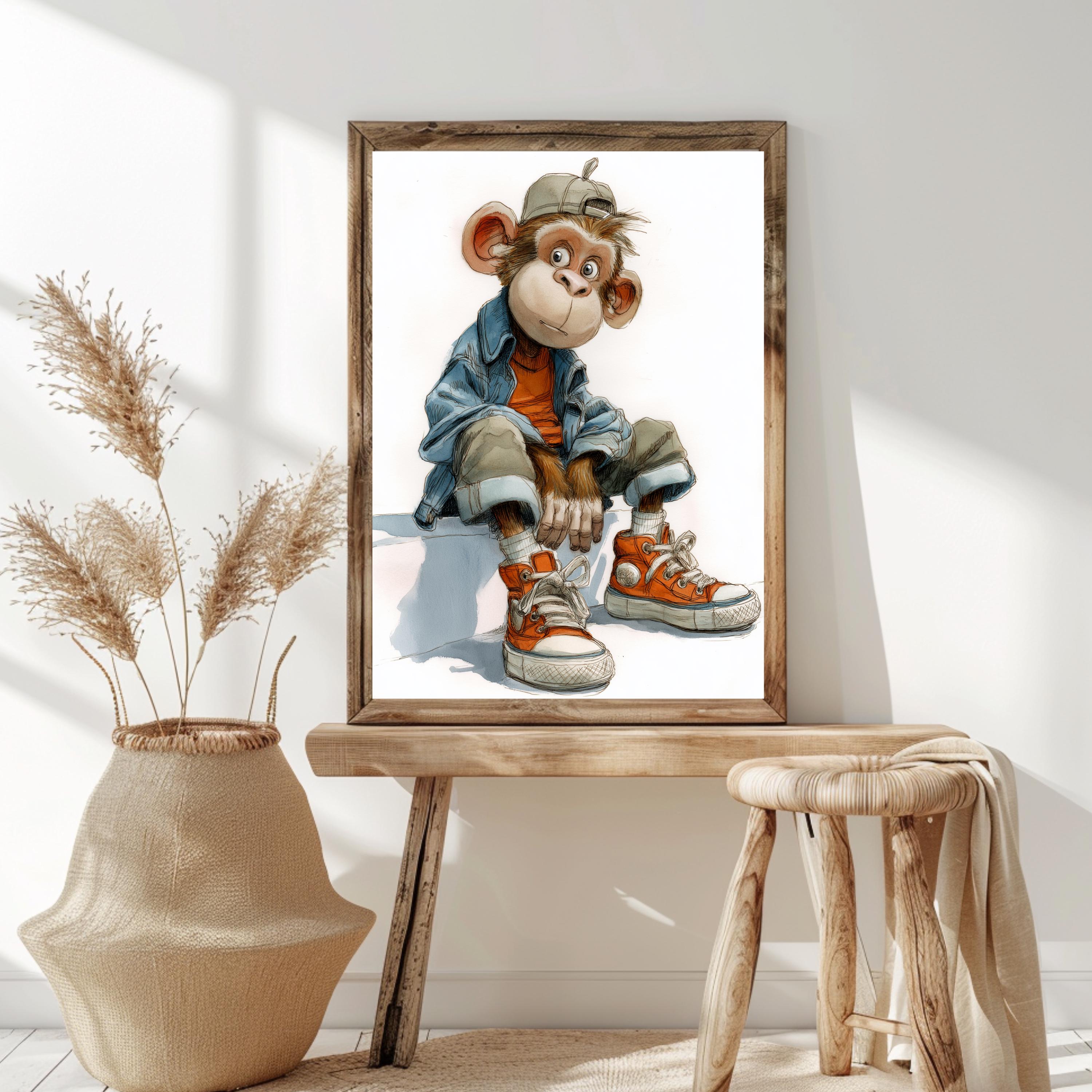 Cartoon Monkey Printable Poster, Quirky Animal Wall Art for Kids ...