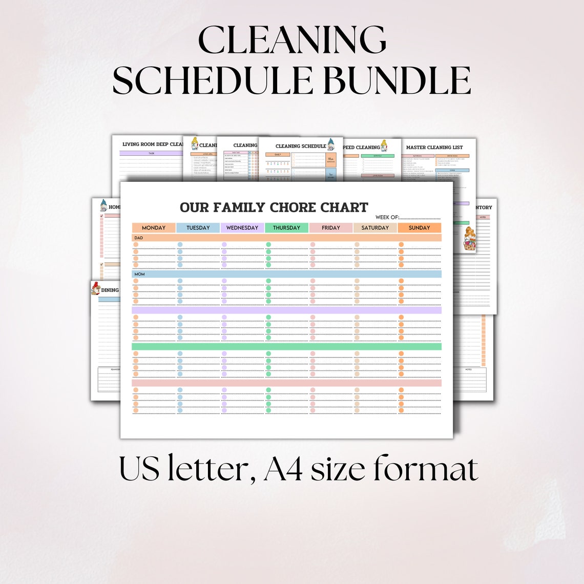 Gnome Motif Printable Cleaning Schedule Digital ADHD Chore Chart Daily Weekly Cleaning Monthly ...