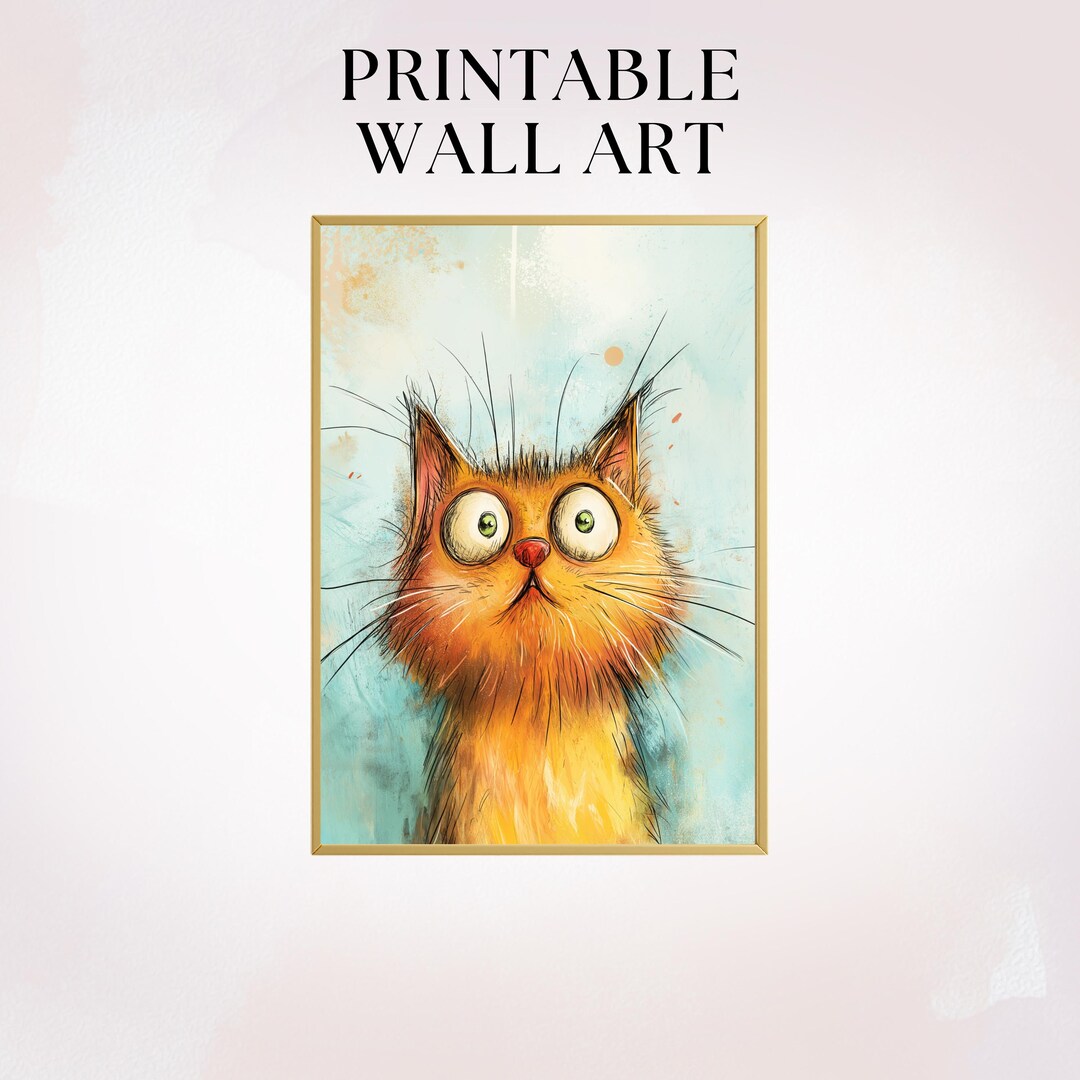 Quirky Cat Printable Painting, Cartoon Orange Cat Poster Download ...