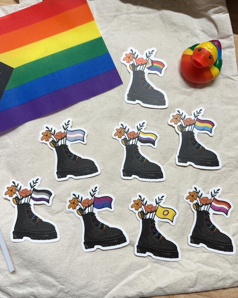 LGBTQ+ Pride Flag Combat Boot Bouquet Sticker, Boots and Flowers ...
