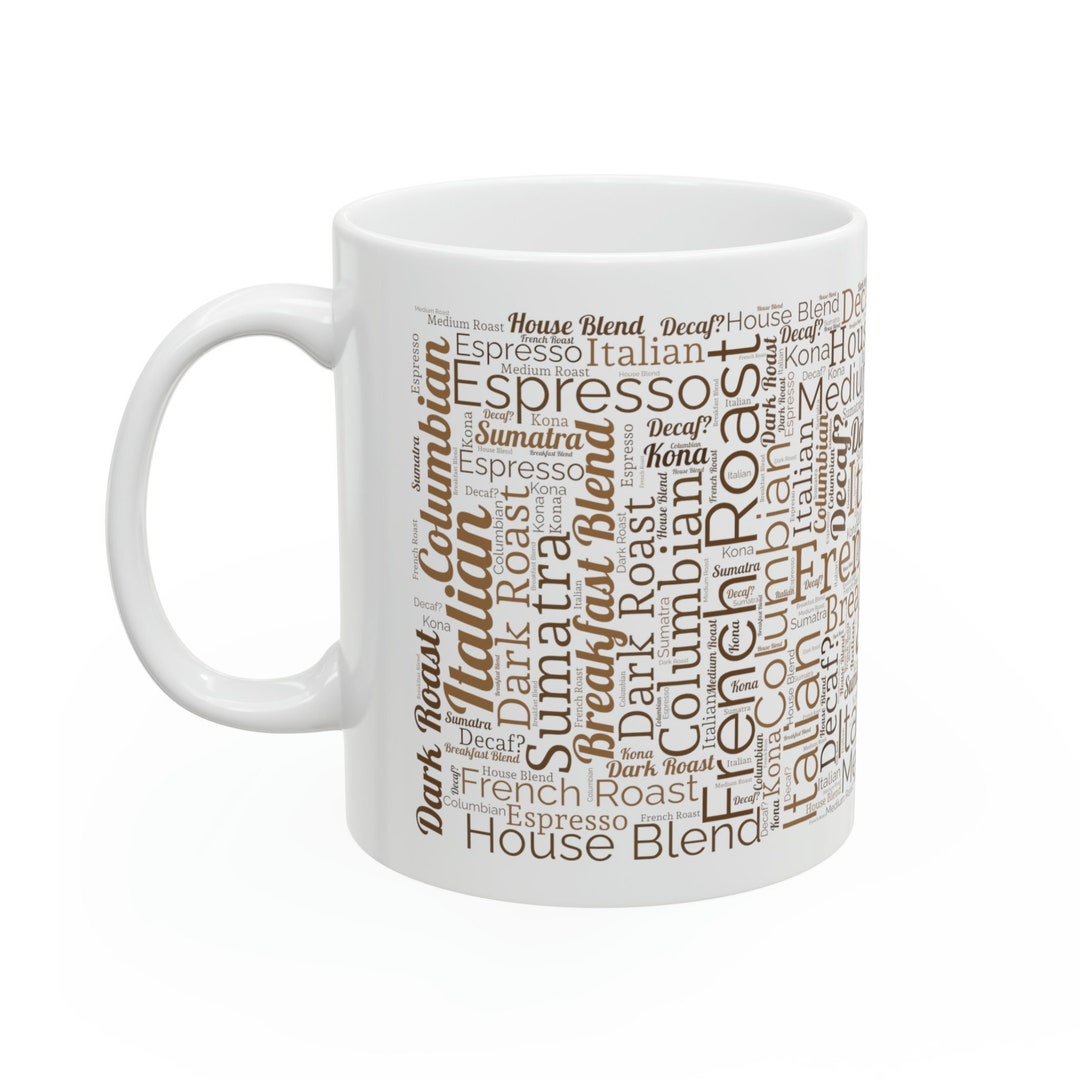 Coffee Themed Ceramic Mug With Different Types of Coffee in Shades of ...