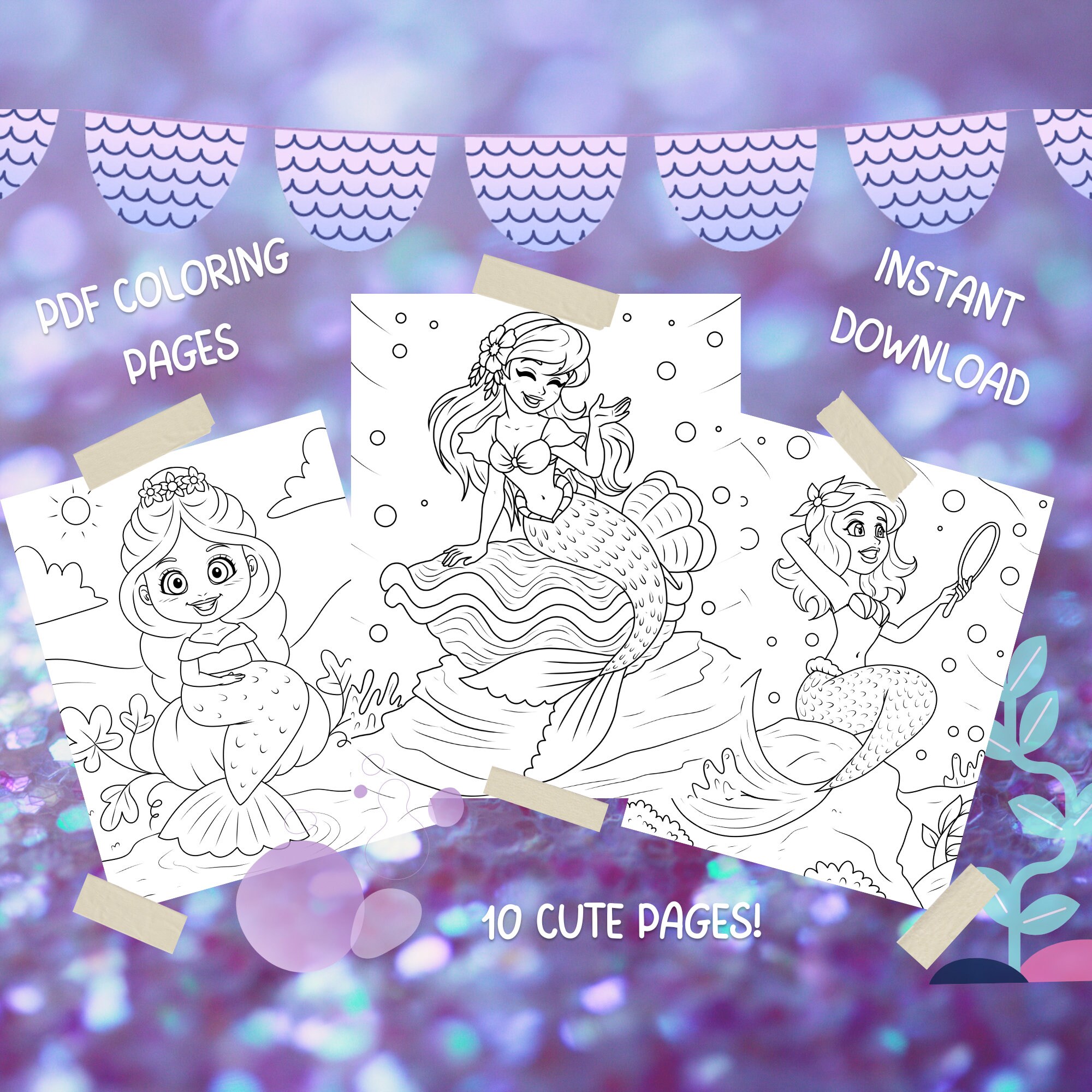 10 Printable Cute Ocean Mermaid PDF Coloring Pages for Kids - Etsy