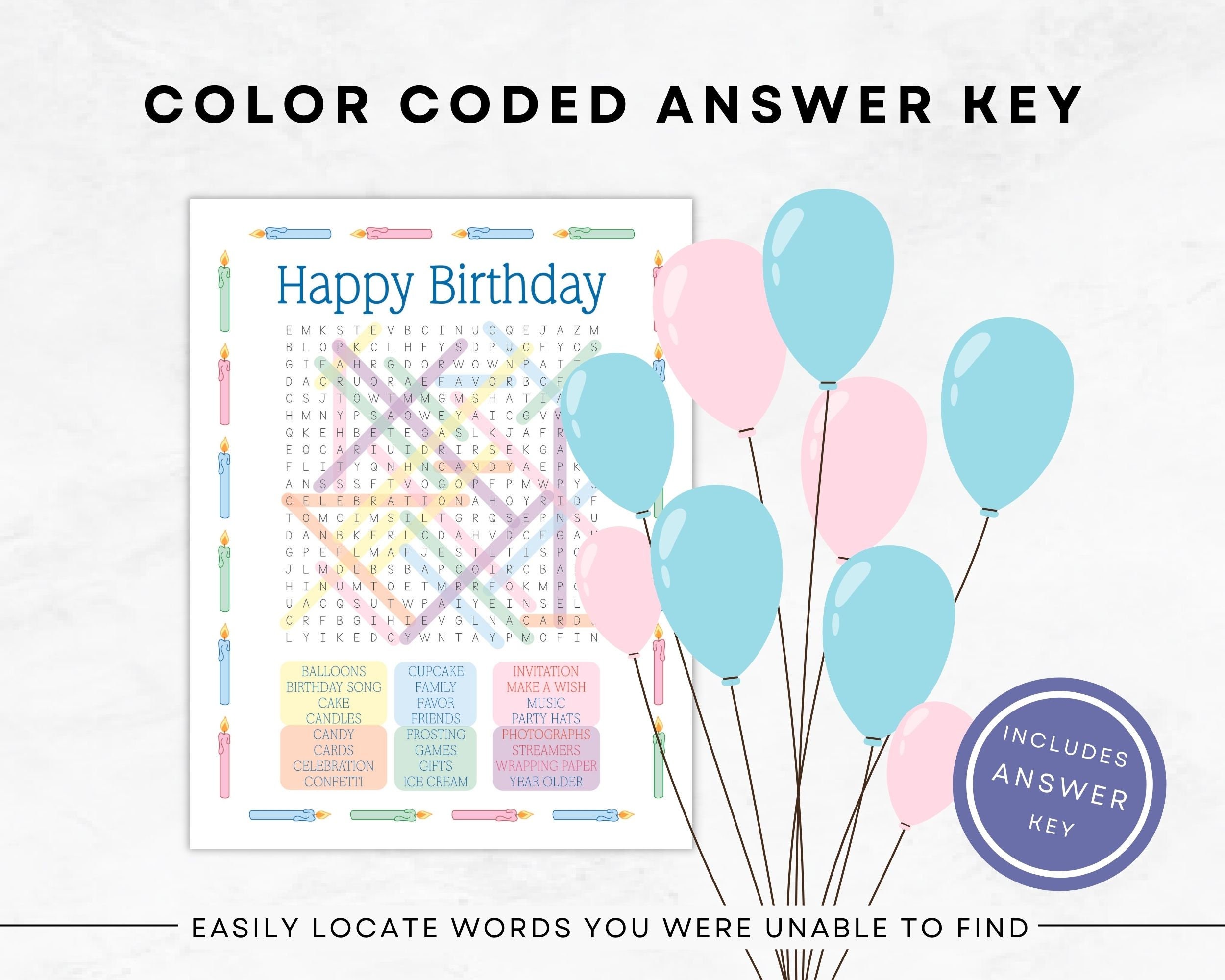 Birthday Word Search, Instant Download | Great Birthday Party Activity ...