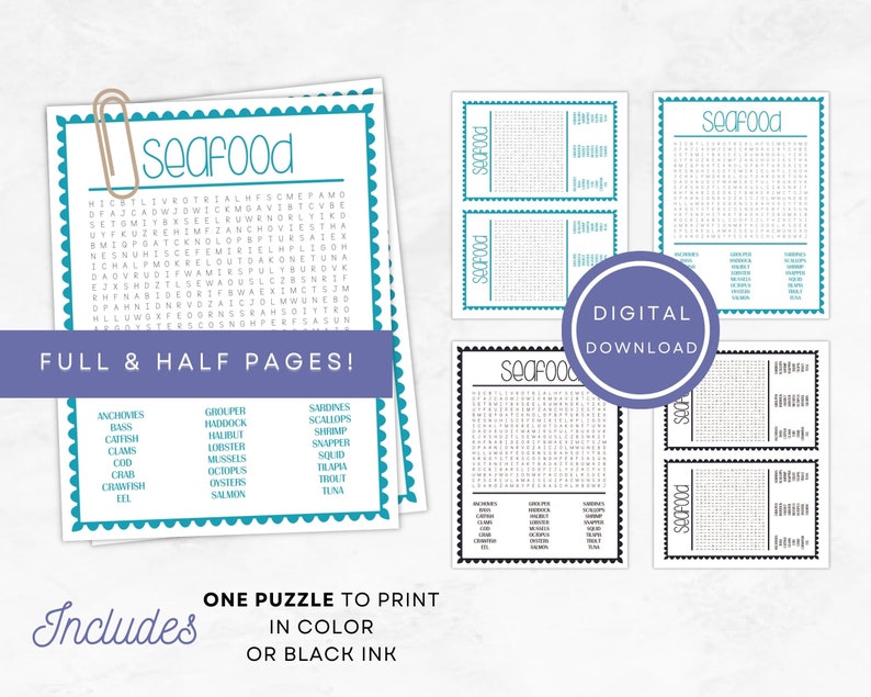 Seafood Word Search Puzzle, Printable Game (digital Download) - Etsy