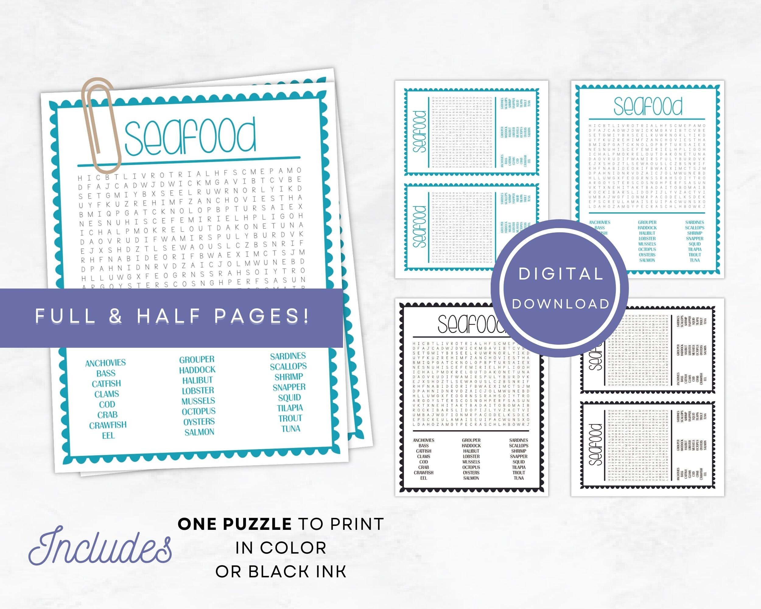 Seafood Word Search, Instant Download Print in Color/black Ink US ...