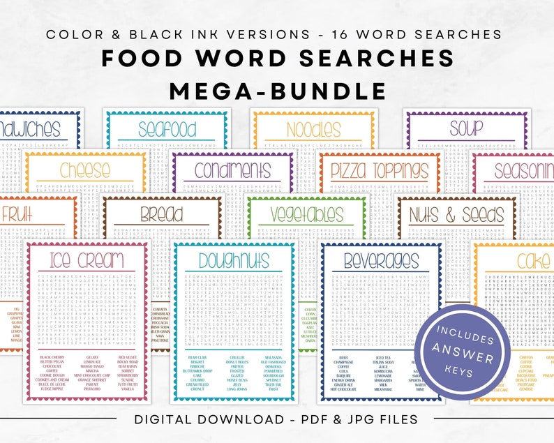 Food Word Search Megabundle, Instant Download | Print in Color/black ...