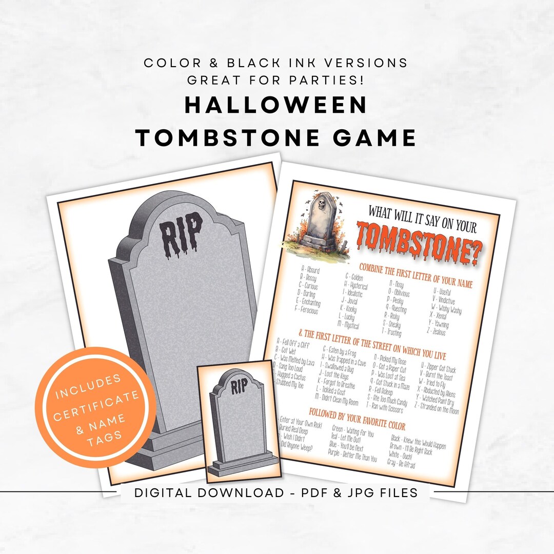 Halloween Tombstone Game, Printable Party Activity for Kids, Digital ...