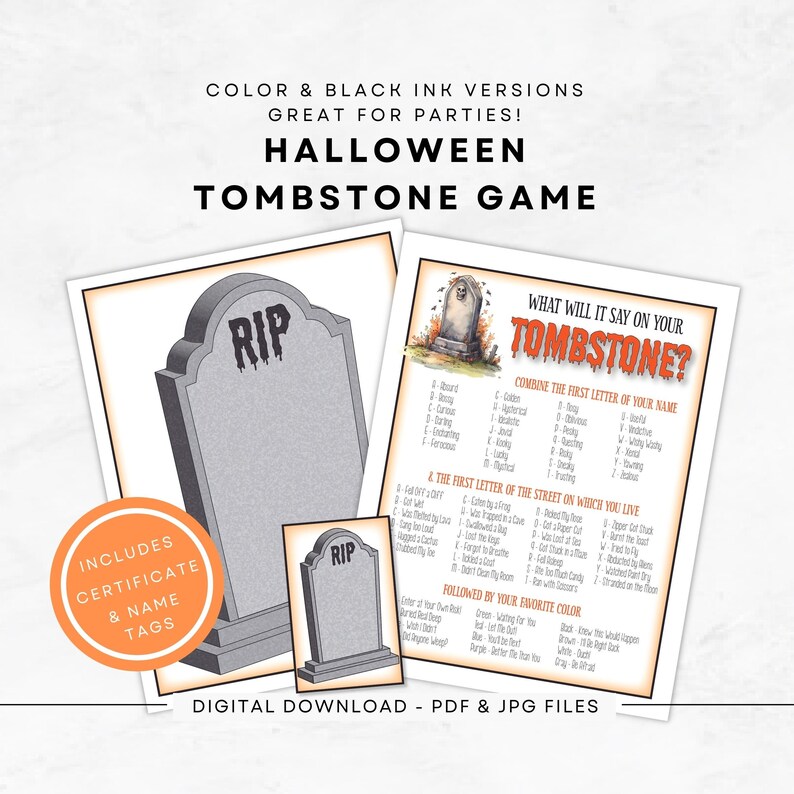 Halloween Tombstone Game, Printable Party Activity (digital Download ...