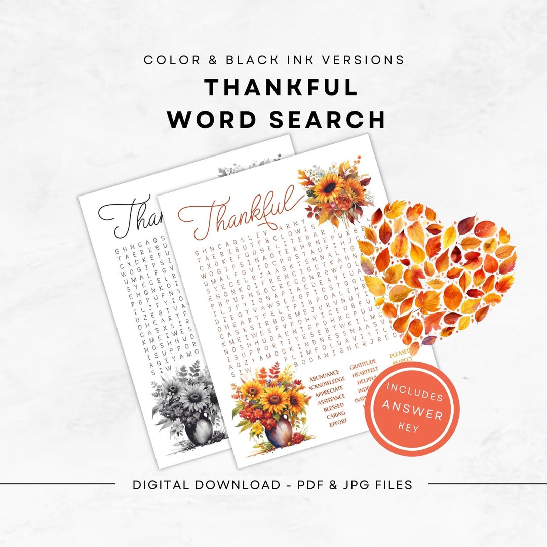 Thankful Word Search, Instant Download, Include With Thank You Cards ...