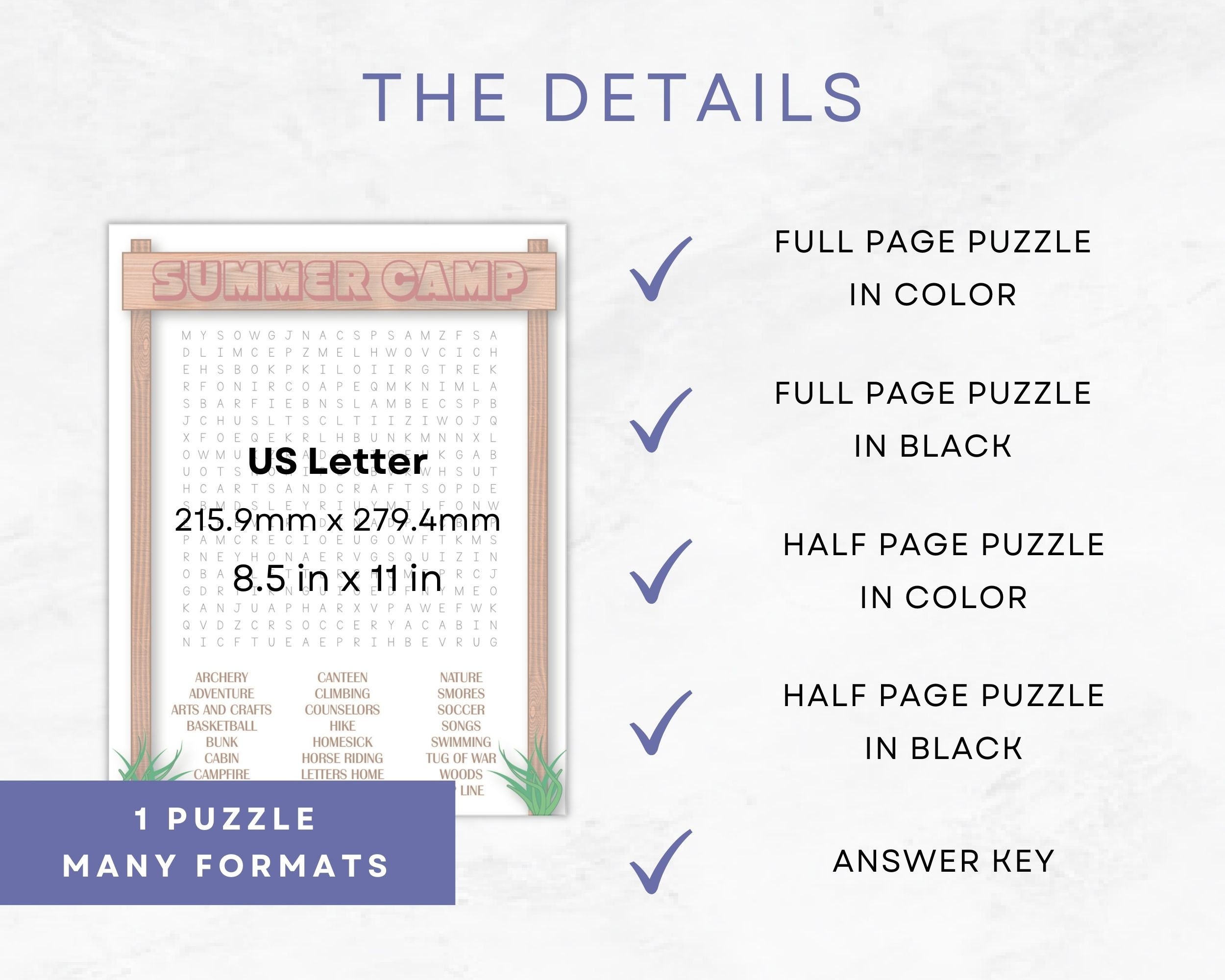 Summer Camp Word Search, Instant Download Print in Color/black Ink US ...