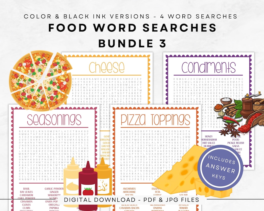 Food Word Search Bundle 3, Instant Download | Print in Color/black Ink ...
