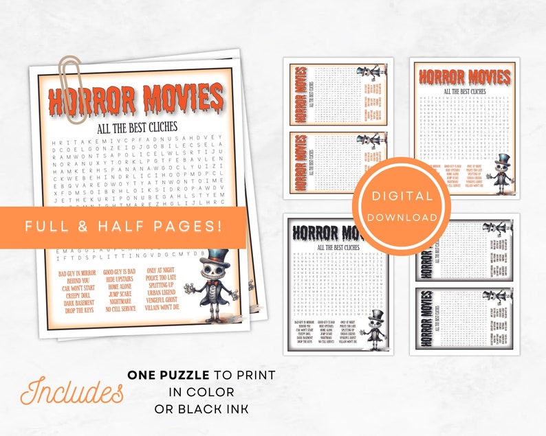 Horror Movie Word Search for Halloween, Instant Download, Great Party ...