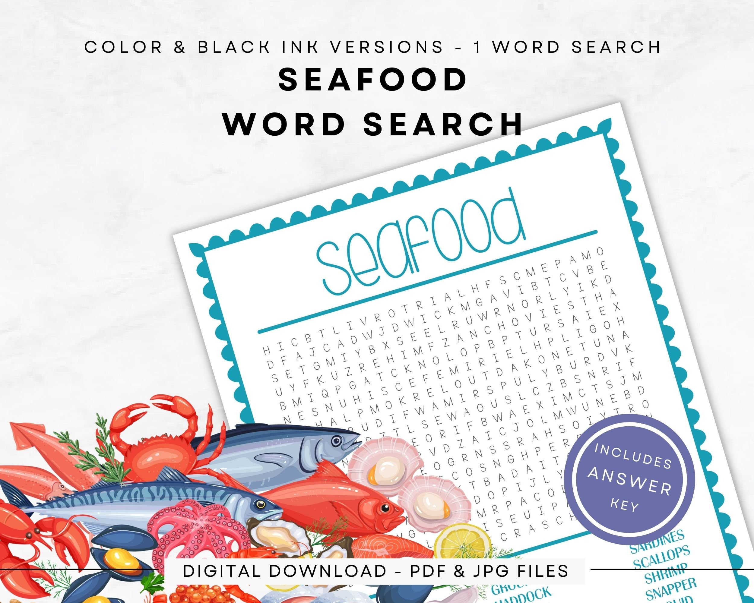 Seafood Word Search, Instant Download Print in Color/black Ink US ...