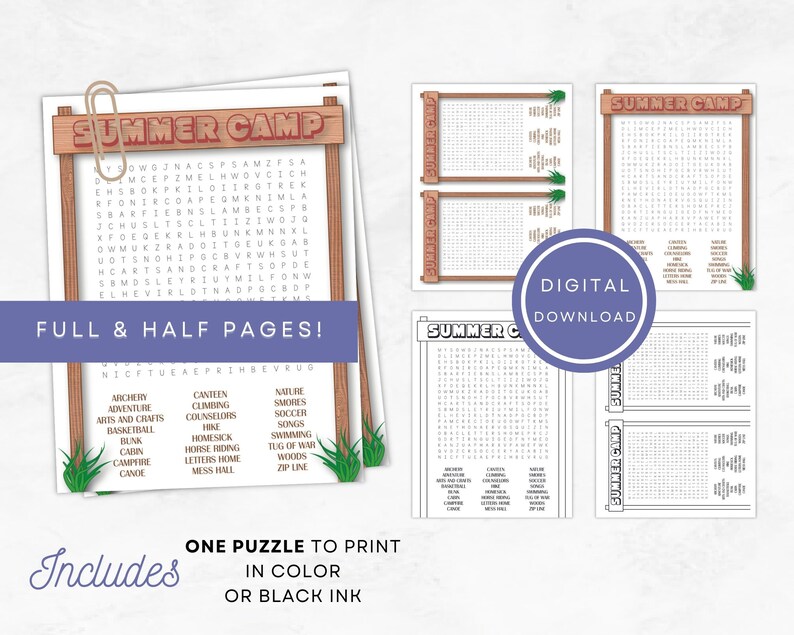 Summer Camp Word Search, Instant Download | Print in Color/black Ink ...
