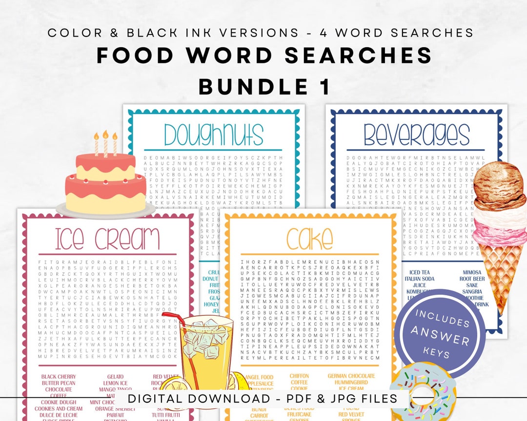 Food Word Search Bundle 1, Instant Download | Print in Color/black Ink ...