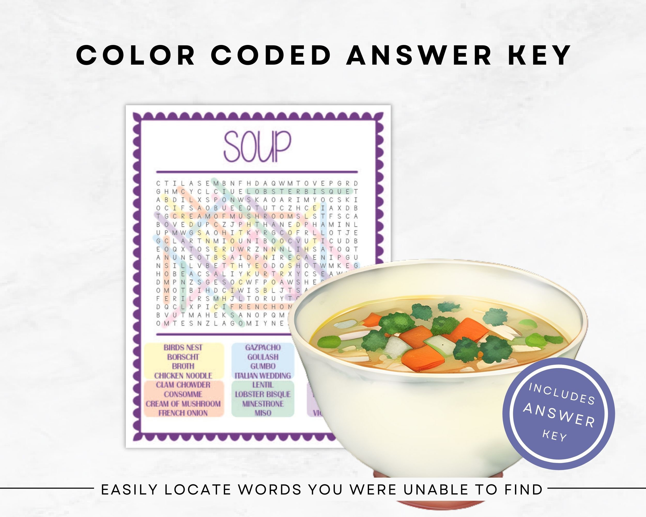 Soup Word Search, Instant Download Print in Color/black Ink US Letter Full/half Pages Keep Your ...