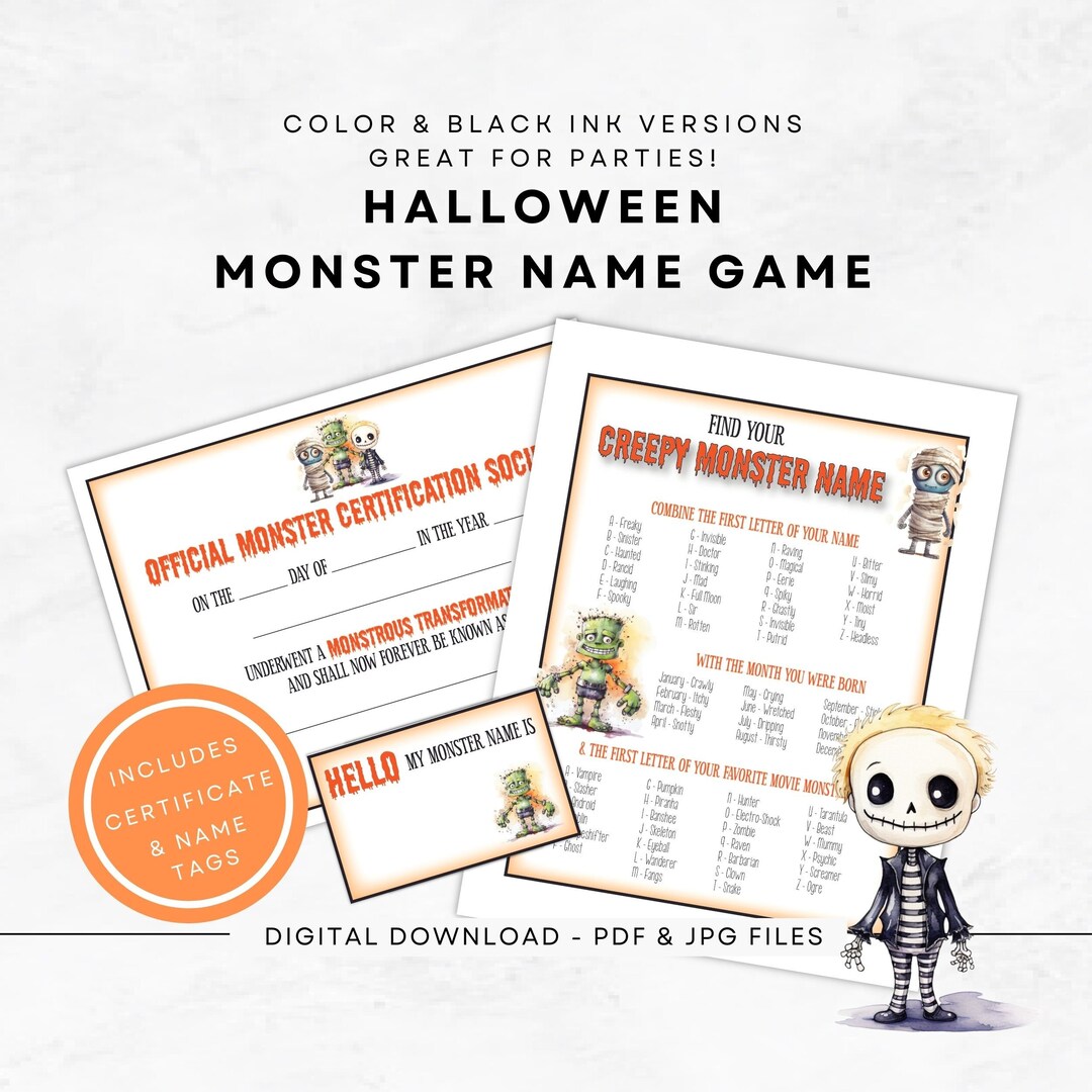 Spooky Halloween Monster Name Game, Printable Party Activity for Kids ...