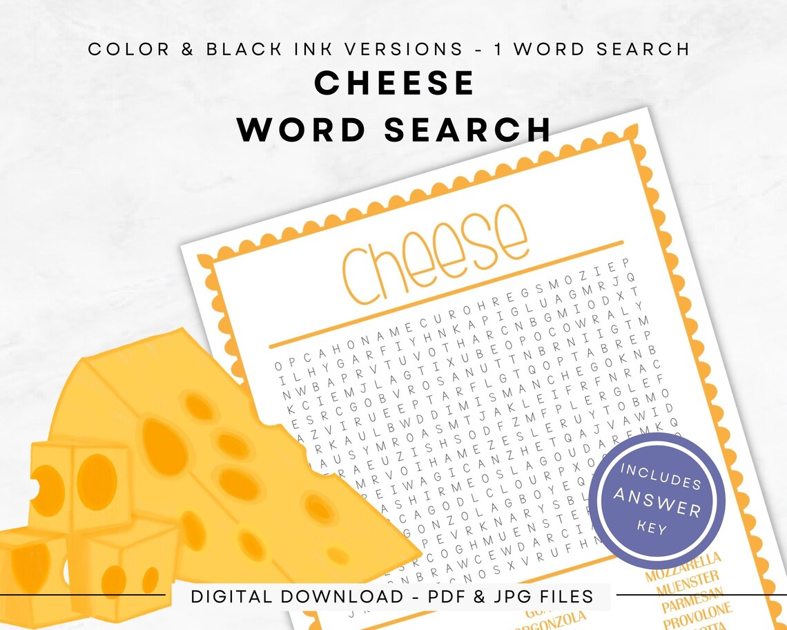 Cheese Word Search, Instant Download Print in Color/black Ink US Letter ...