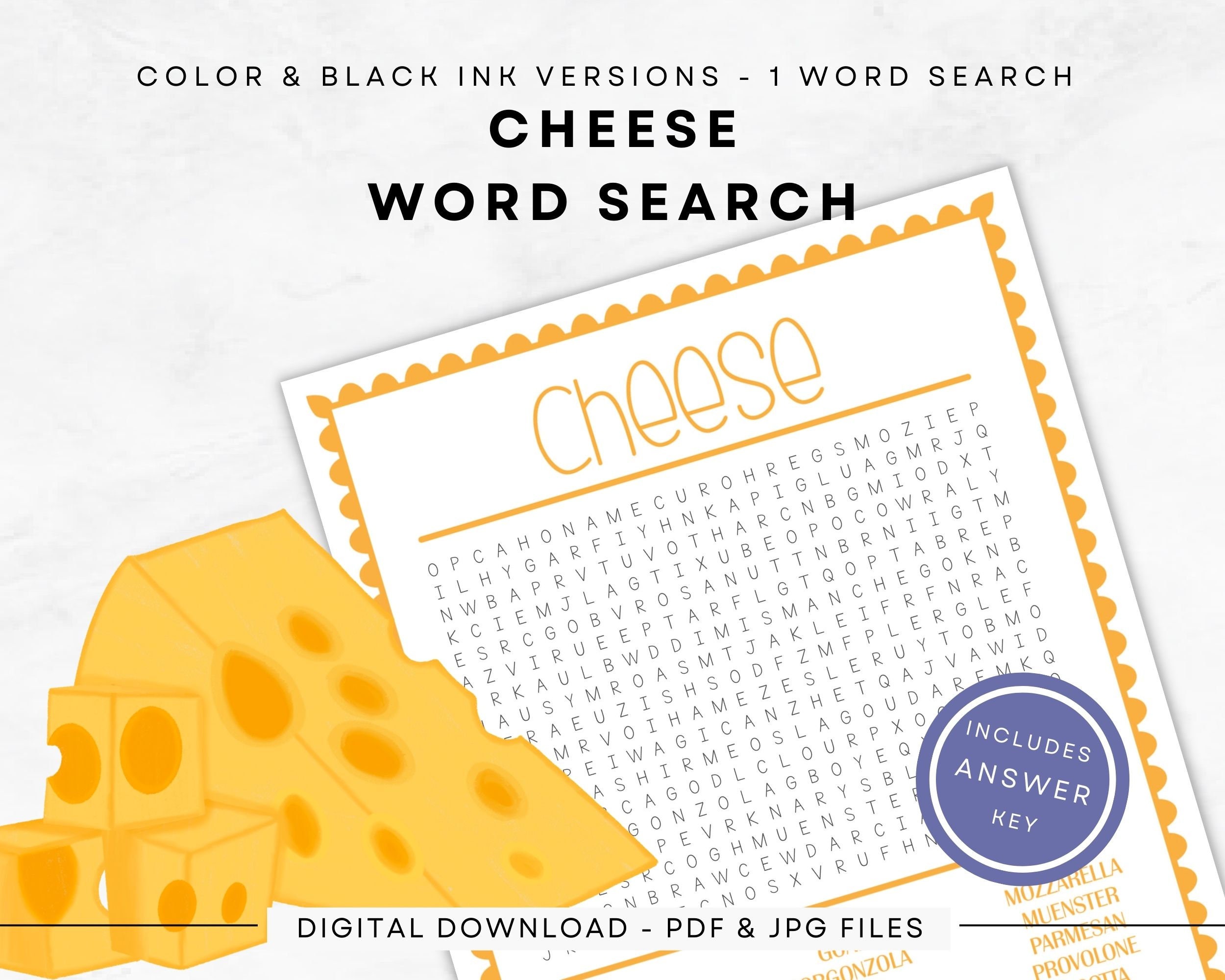 Cheese Word Search, Instant Download | Print in Color/black Ink | US ...