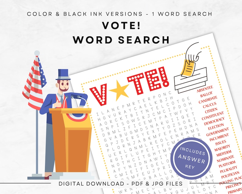 Vote Word Search for Instant Download | Voting Puzzle, Great for ...