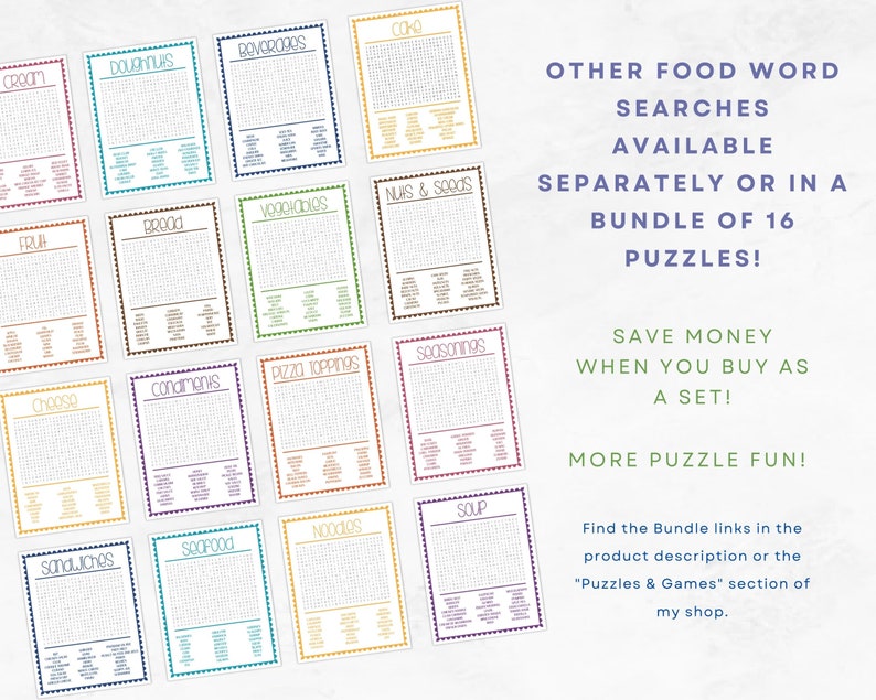 Food Word Search Puzzle Bundle, Printable Brain Game (digital Download ...