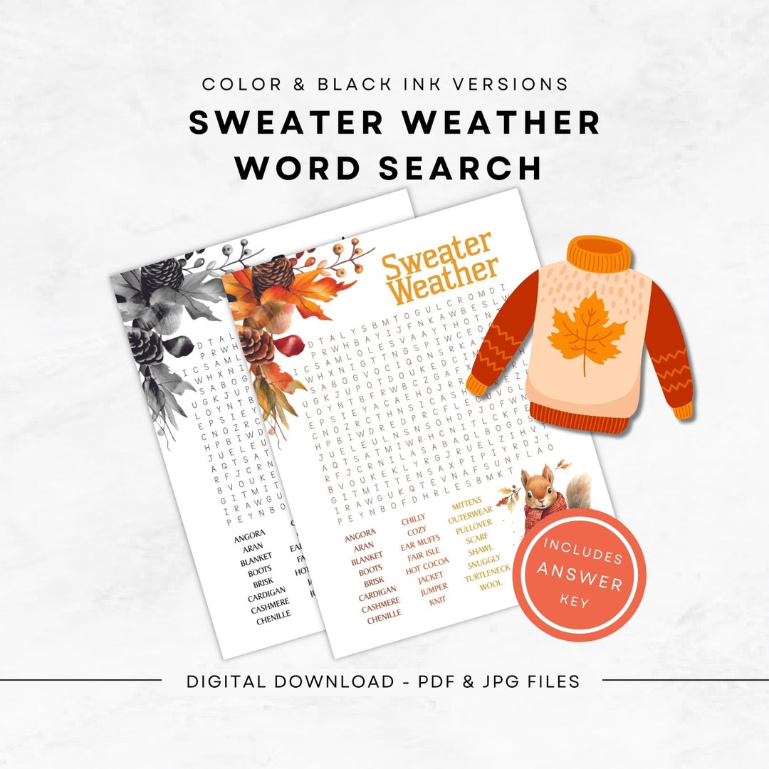 Sweater Weather Word Search Game, Fall Party Activity (digital Download ...