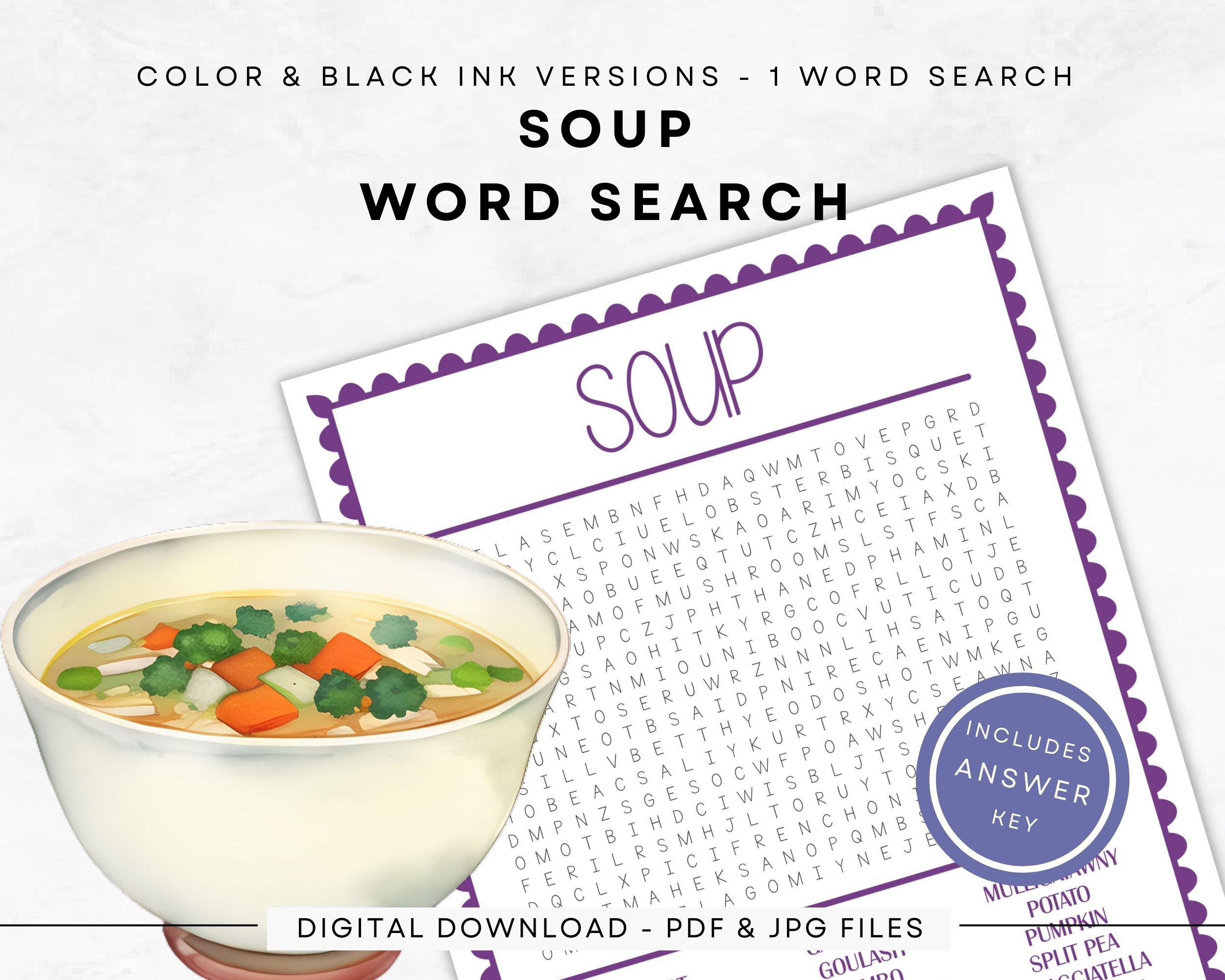 Soup Word Search, Instant Download Print in Color/black Ink US Letter ...