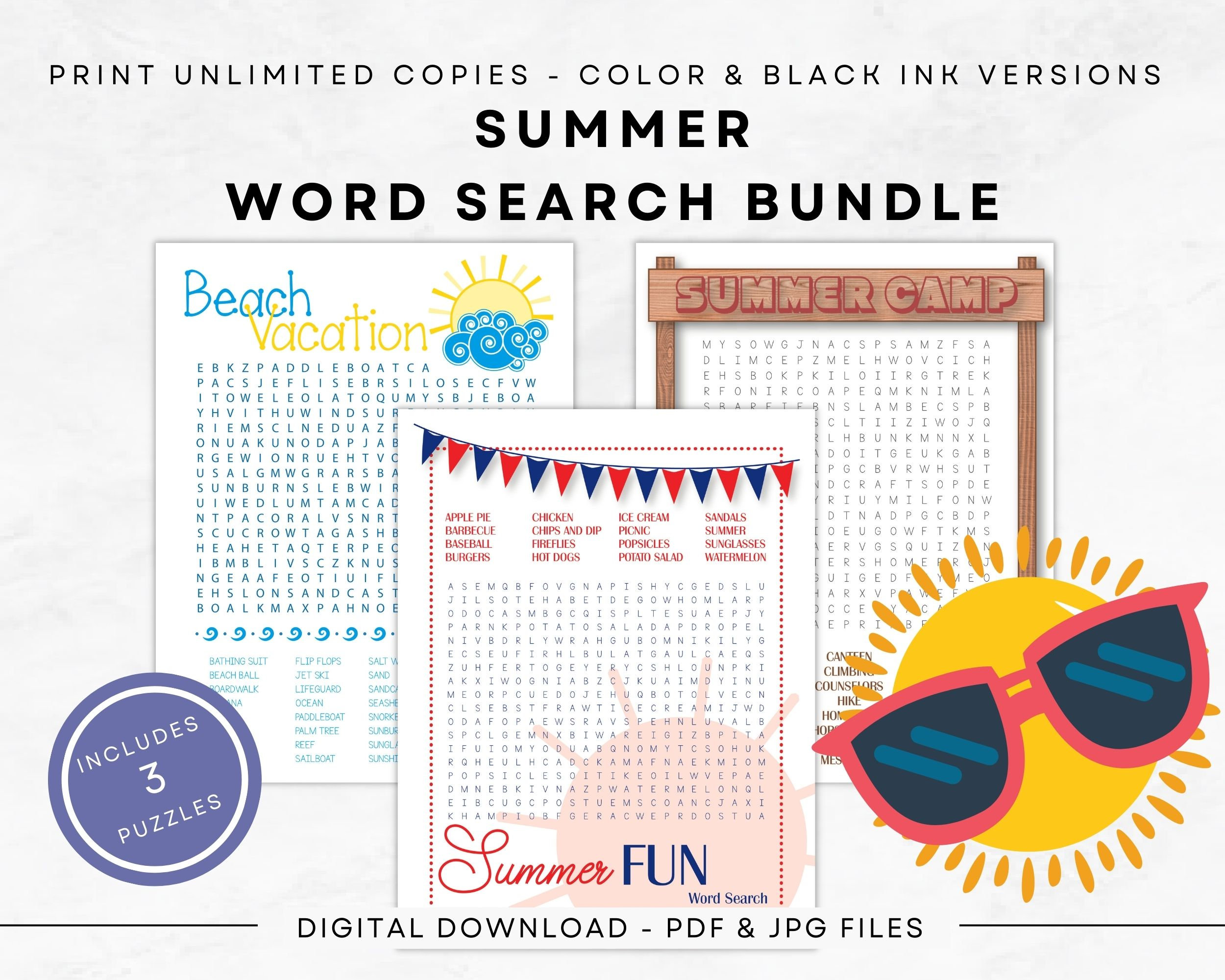 Beach Vacation Essential: Summer Word Searches for Kids and Adults ...