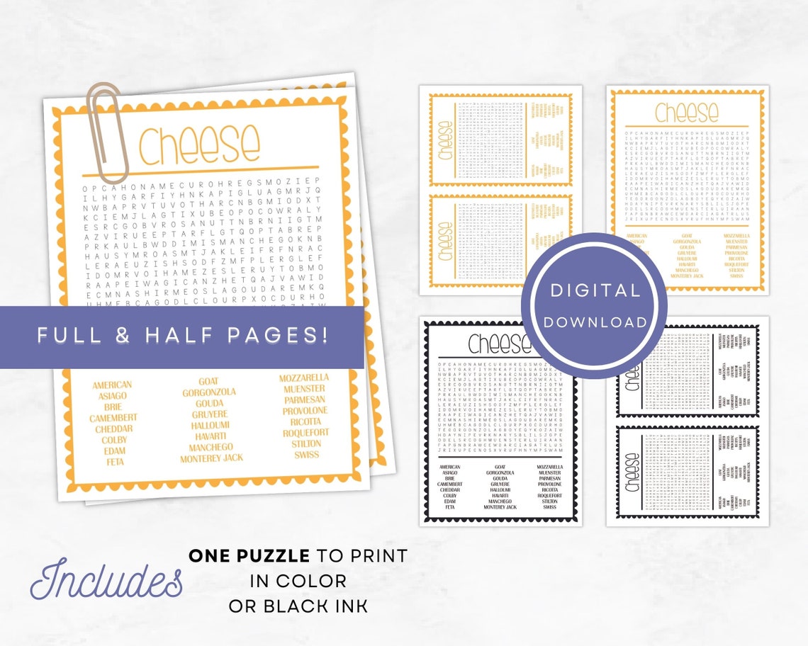 Cheese Word Search, Instant Download Print in Color/black Ink US Letter ...