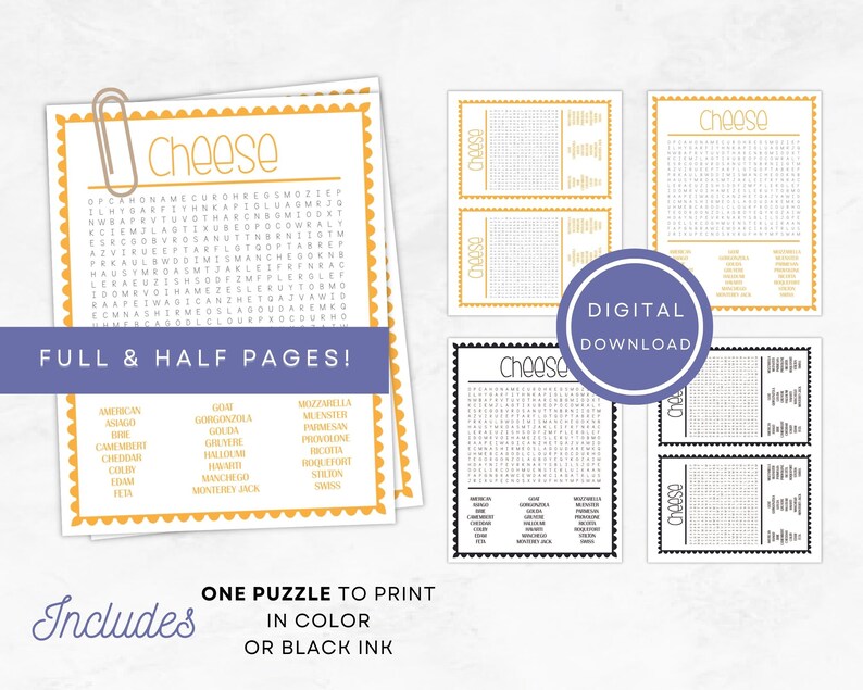 Cheese Word Search, Instant Download | Print in Color/black Ink | US ...
