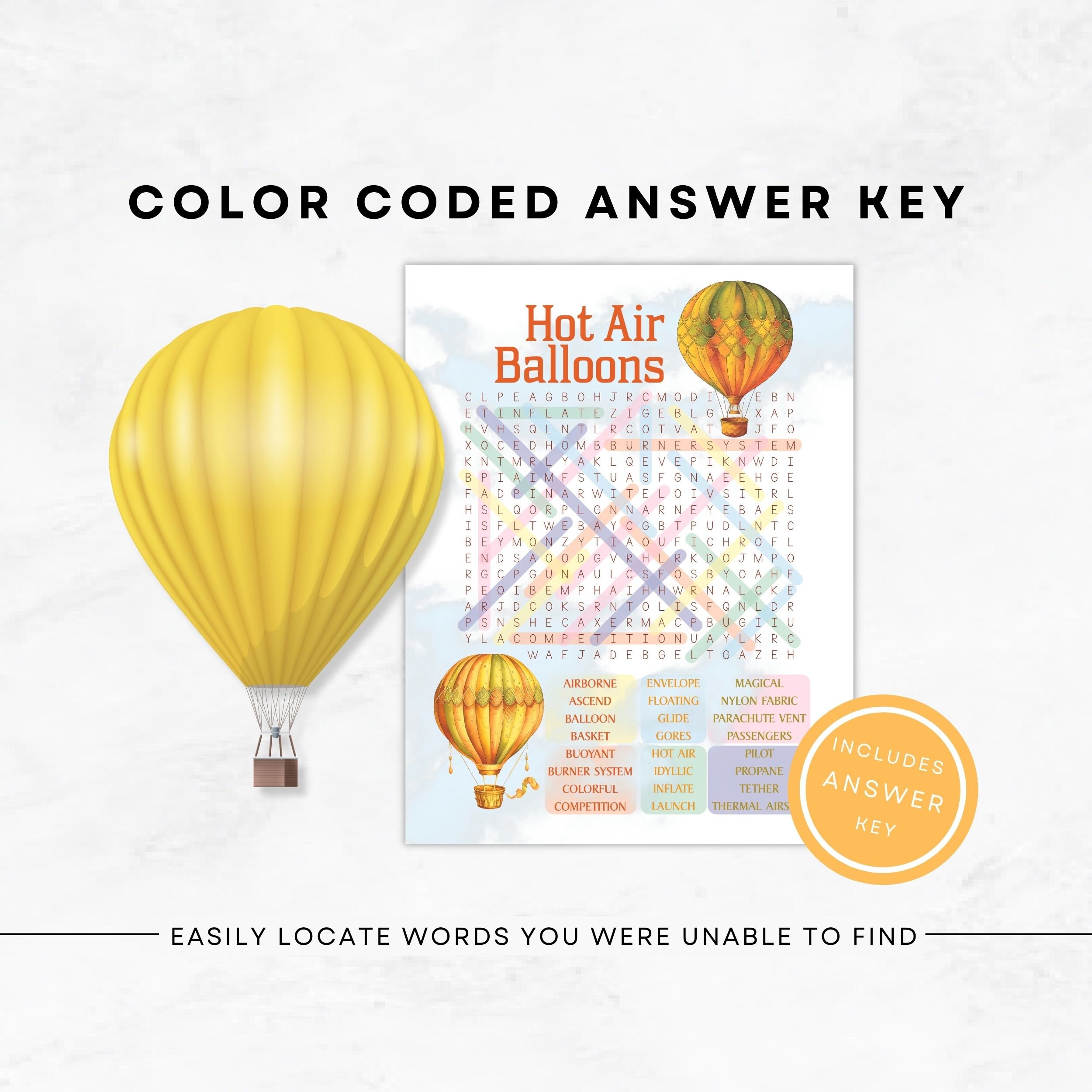 Hot Air Balloon Word Search, Instant Download, Great Party Activity ...