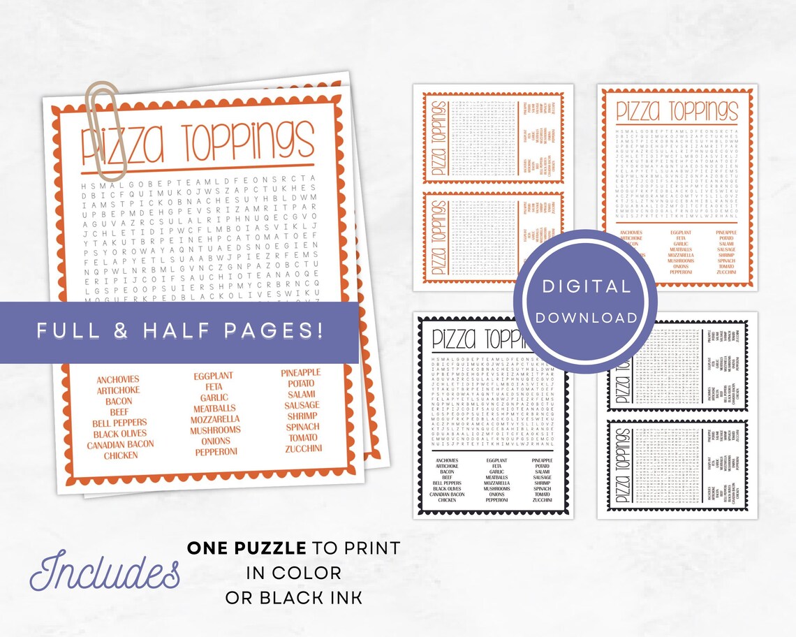 Pizza Toppings Word Search, Instant Download | Print in Color/black Ink ...