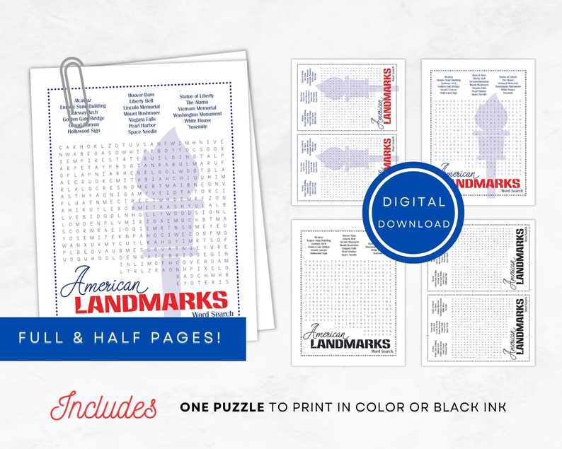 American Landmarks Word Search | Instant Download Patriotic Puzzle ...